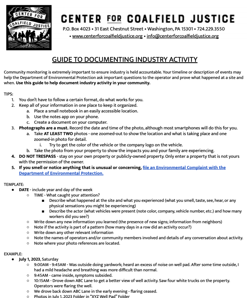 Guide to Documenting Industry Activity - Center for Coalfield Justice