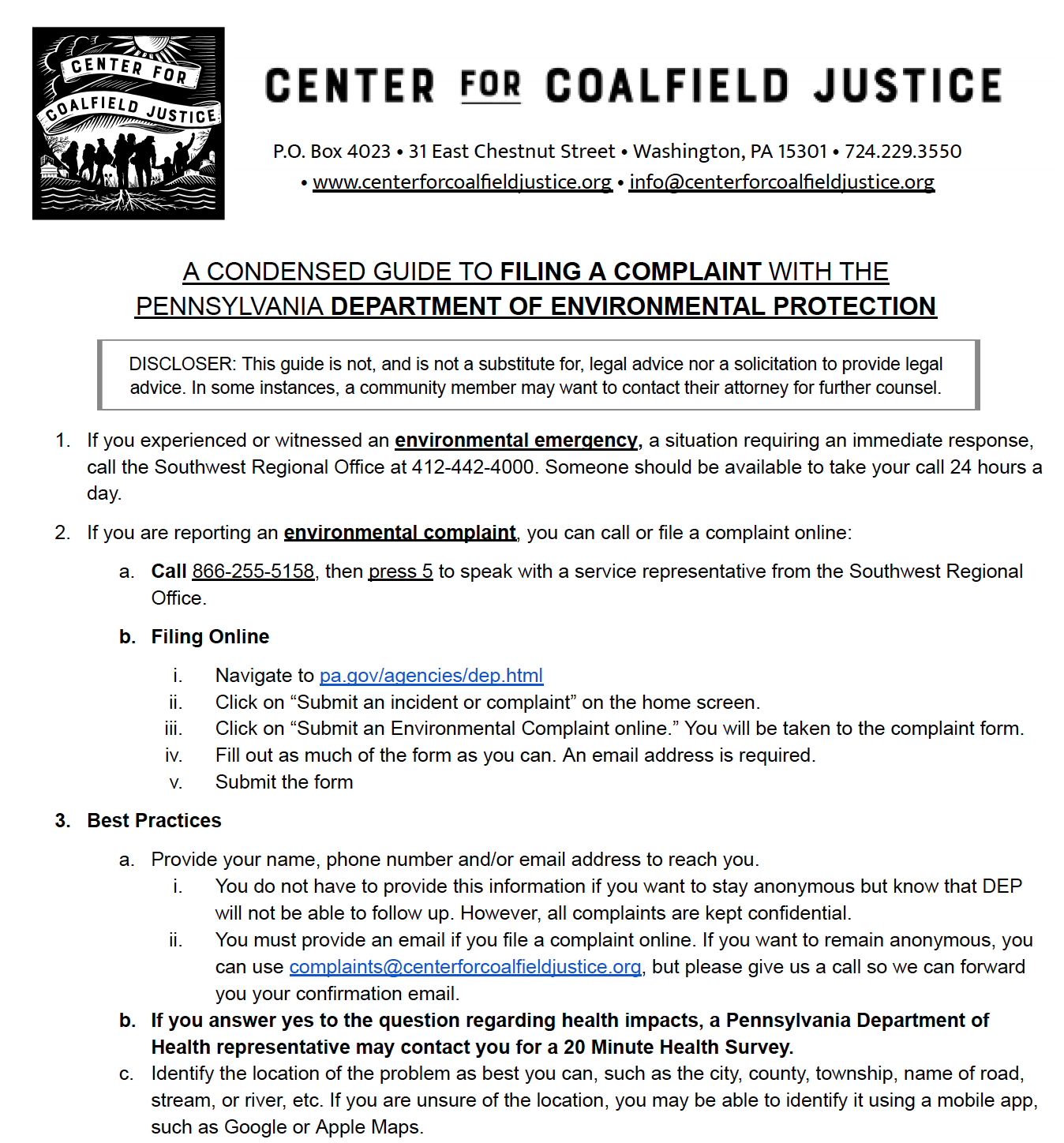 Condensed Guide to Filing a Complaint with DEP - Center for Coalfield ...